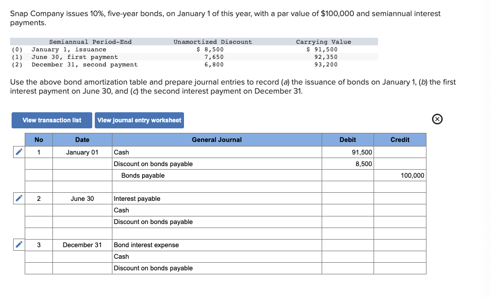 Solved Snap Company issues 10%, five-year bonds, on January | Chegg.com