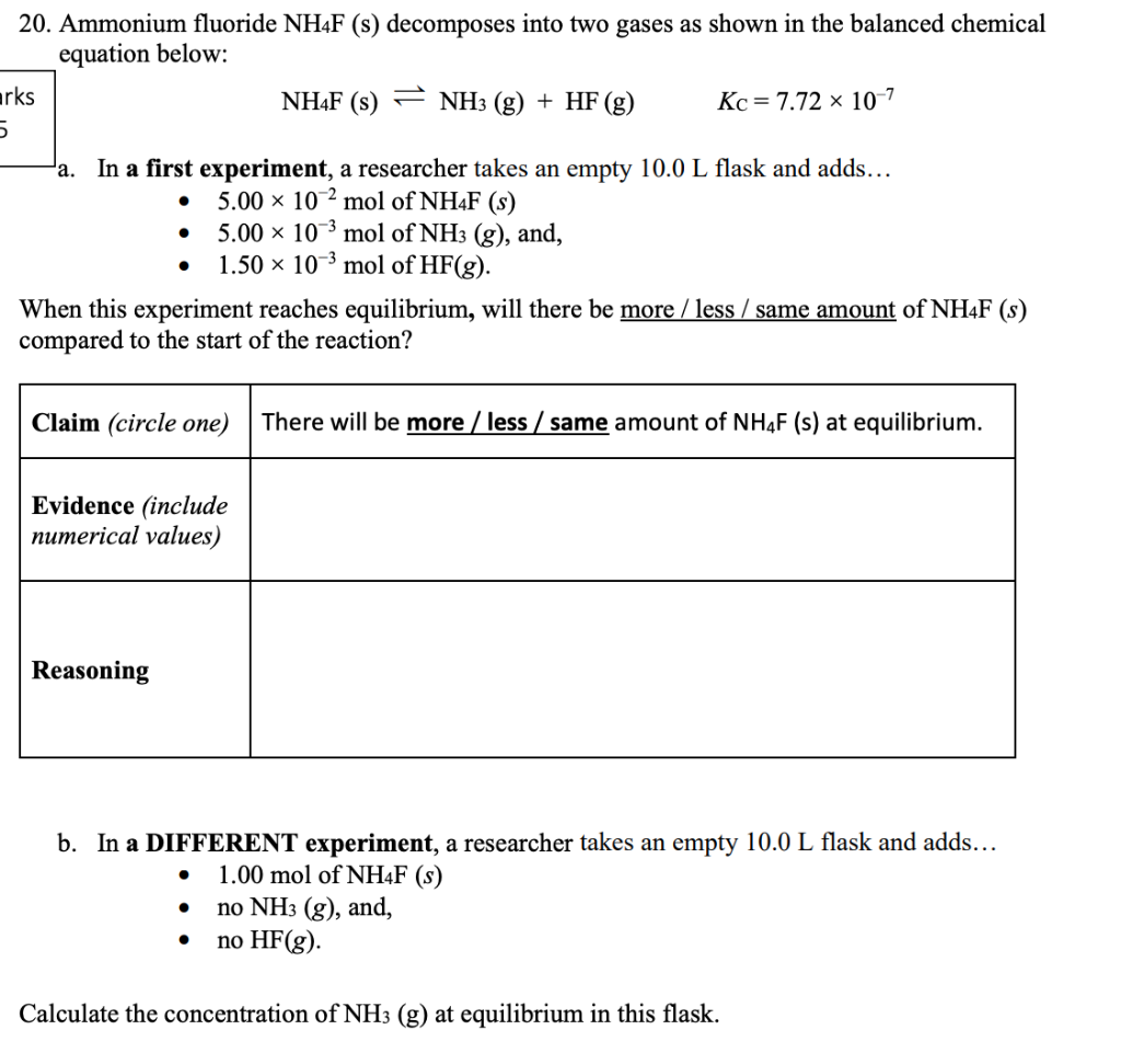 Solved 20. Ammonium fluoride NH4F (s) decomposes into two | Chegg.com