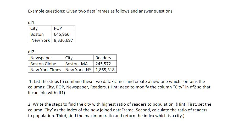 Solved Example questions: Given two dataFrames as follows | Chegg.com