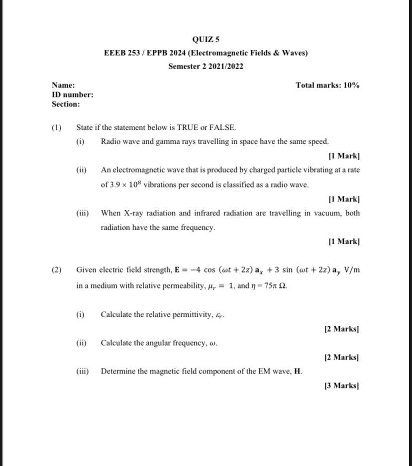Solved QUIZ 5 EEEB 253 / EPPB 2024 (Electromagnetic Fields & | Chegg.com