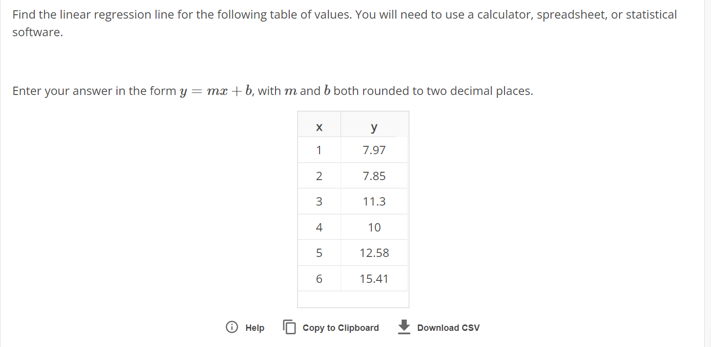 Solved Find the linear regression line for the following | Chegg.com