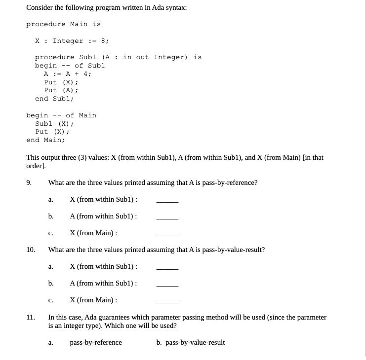Consider the following program written in Ada syntax: | Chegg.com