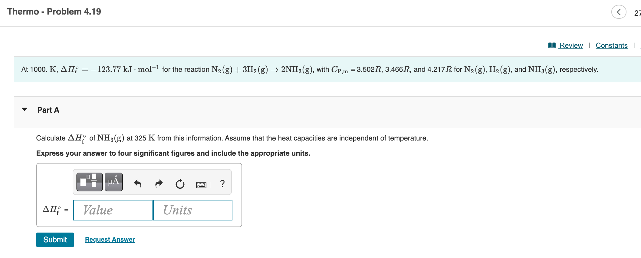 Solved Thermo - Problem 4.19 27 Review | Constants | At | Chegg.com