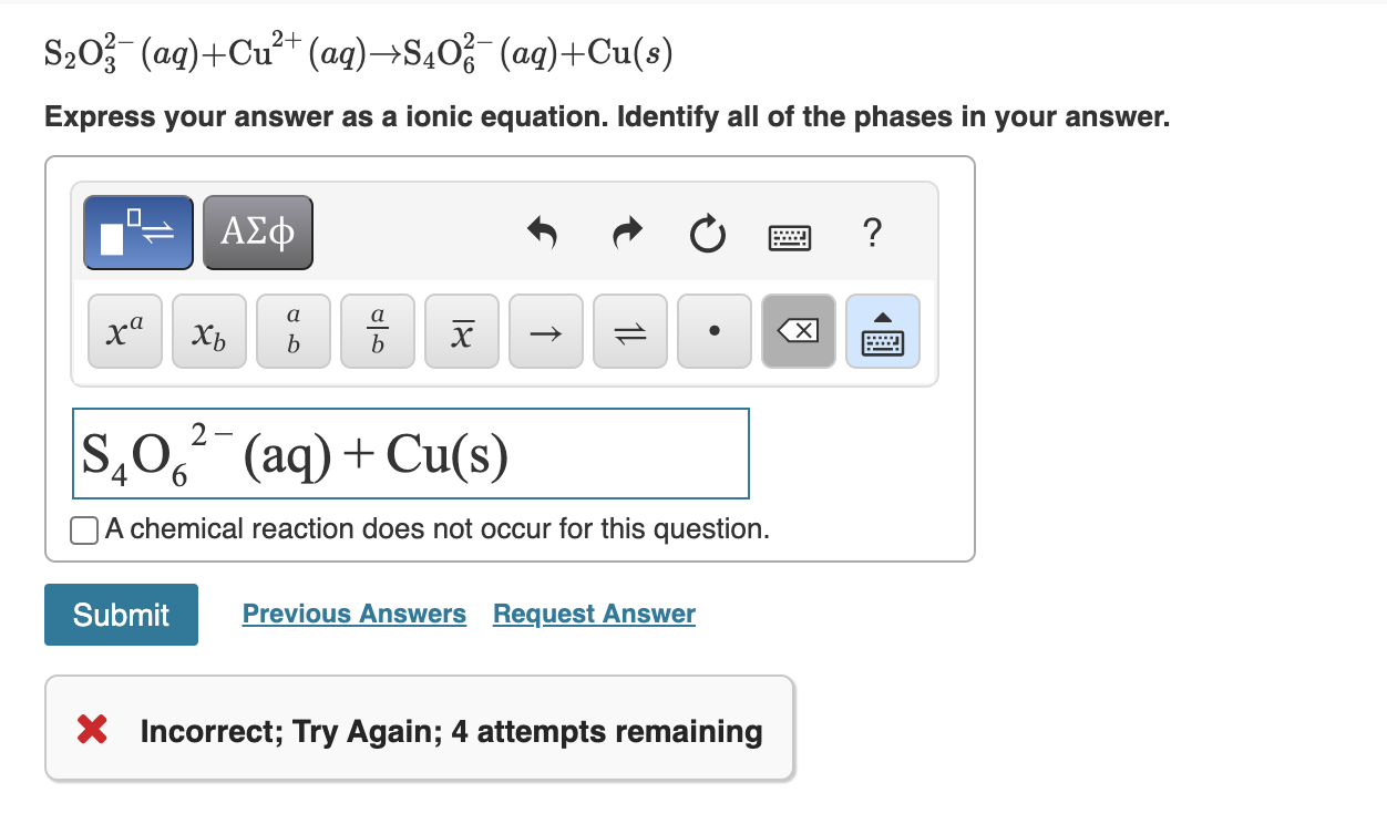 Solved S2O32−(aq)+Cu2+(aq)→S4O62−(aq)+Cu(s) Express your | Chegg.com