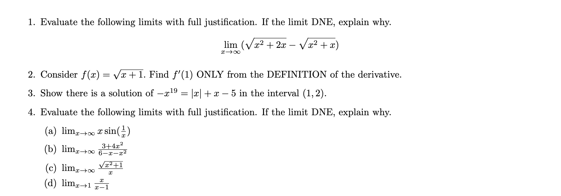 Solved 1. Evaluate the following limits with full | Chegg.com