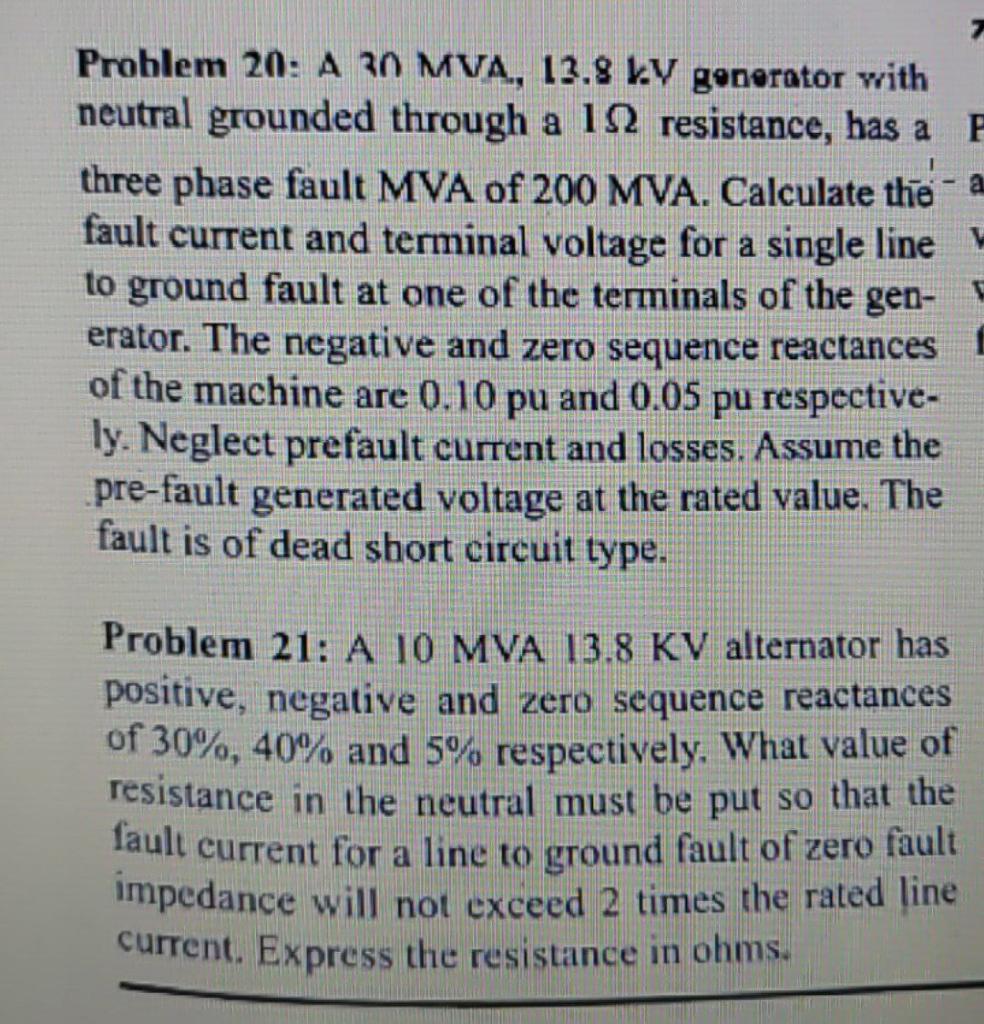 Solved Problem 20: A 30 MVA., 13.8 LV generator with neutral | Chegg.com