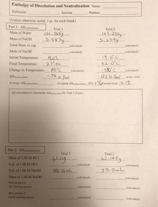 Solved Enthalpy of Dissolution and Neutralization Name | Chegg.com