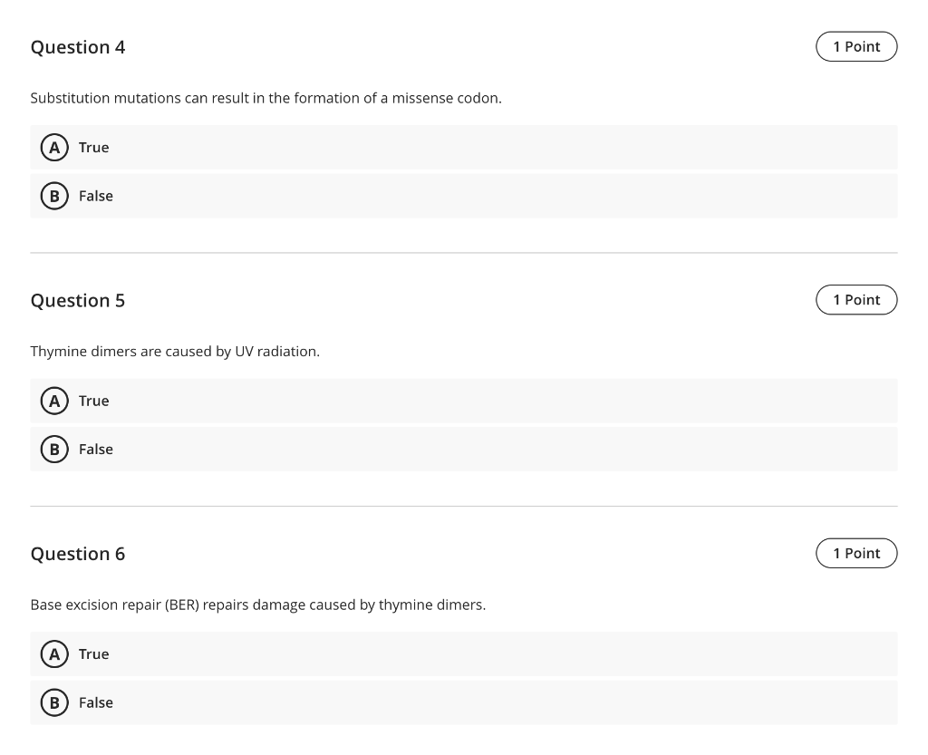 Solved Question 4 1 Point Substitution mutations can result | Chegg.com