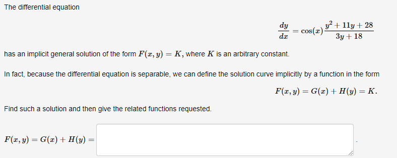 Solved The differential equation dxdy=cos(x)3y+18y2+11y+28 | Chegg.com