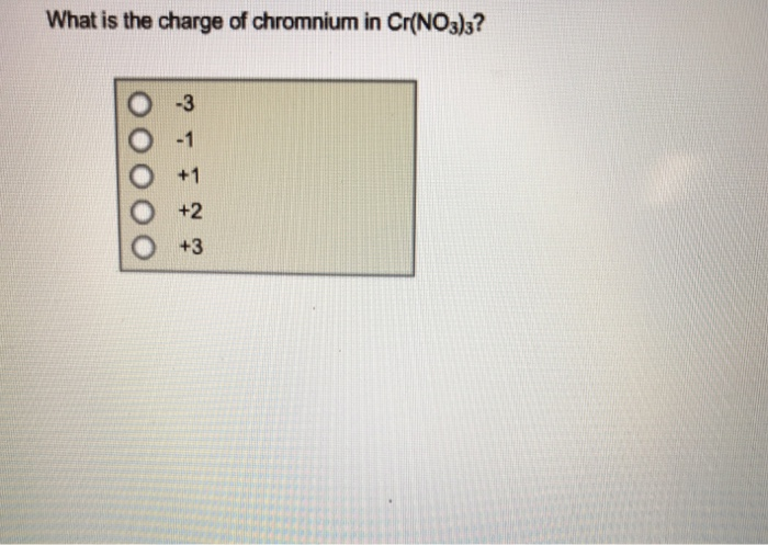 Solved What is the charge of chromnium in Cr(NOs)3? -3 O -1 | Chegg.com