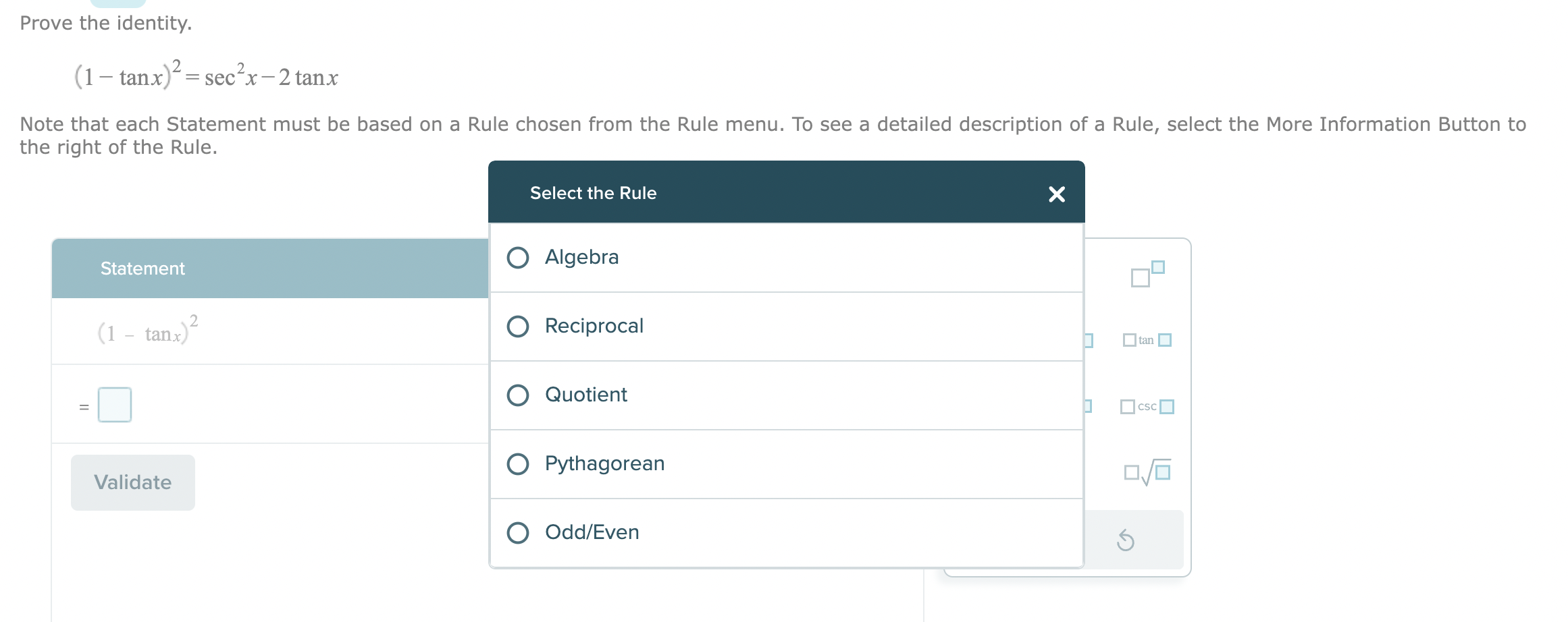 Solved Prove the identity. (1−tanx)2=sec2x−2tanx Note that | Chegg.com