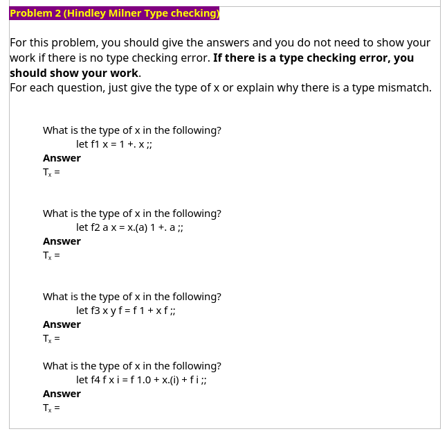 Solved roblem 2 (Hindley Milner Type checking) or this | Chegg.com