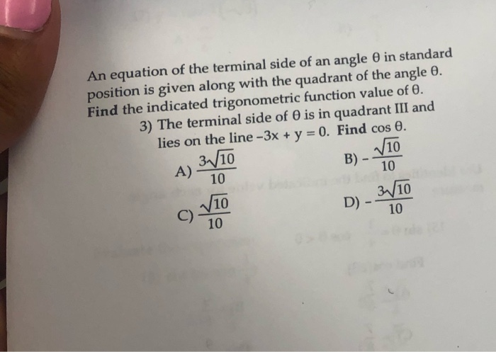 Solved An equation of the terminal side of an angle θ in | Chegg.com