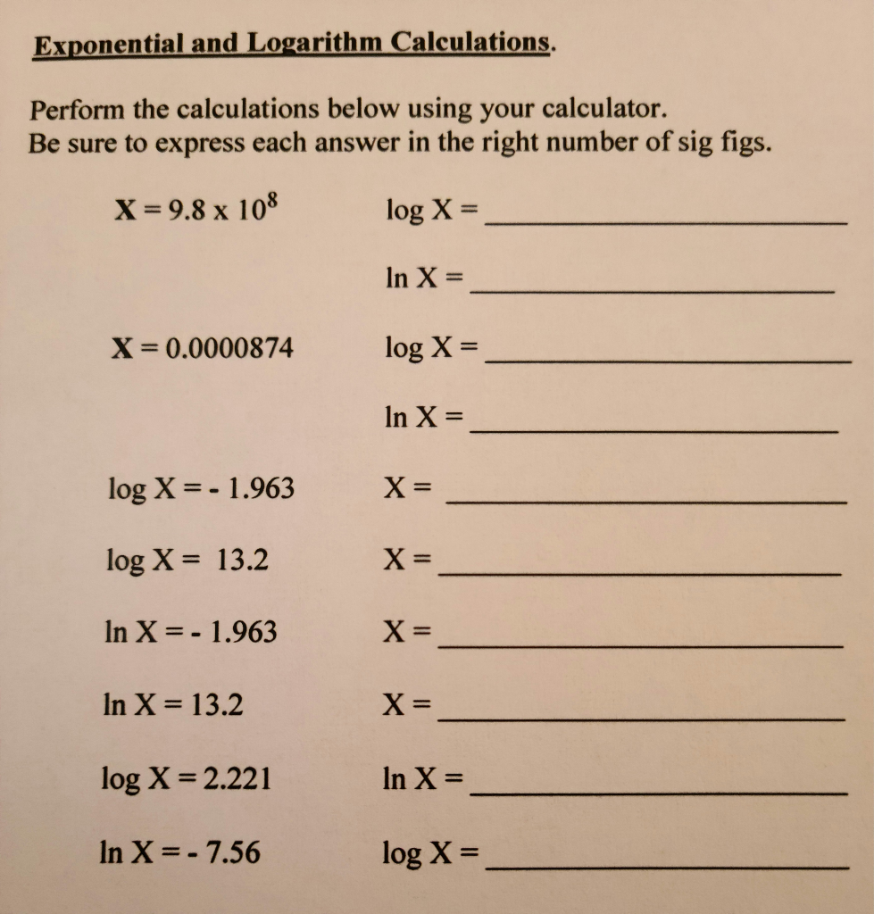 Solved Exponential and Logarithm Calculations. Perform the | Chegg.com
