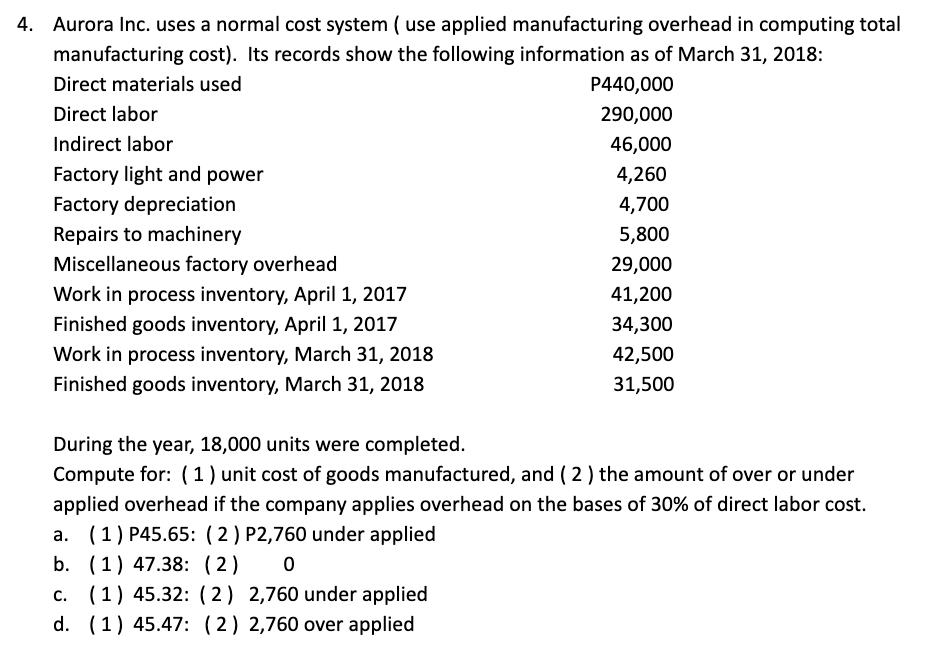 Solved 4. Aurora Inc. uses a normal cost system (use applied | Chegg.com