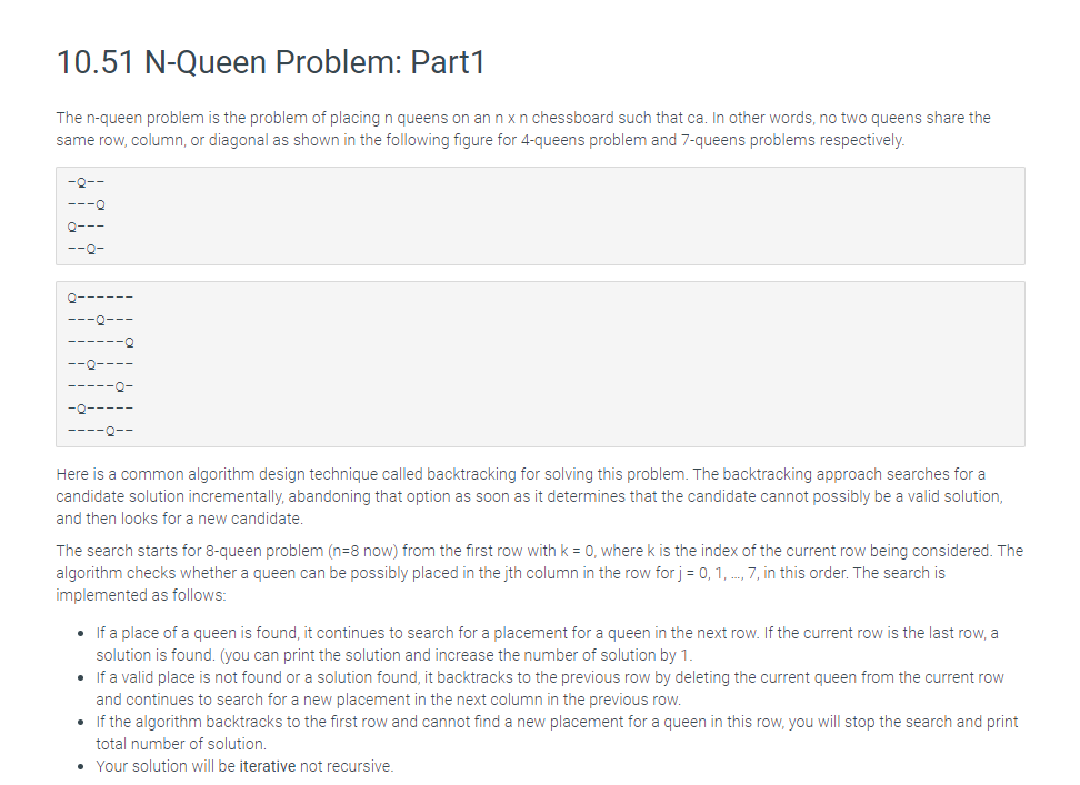 10.51 N-Queen Problem: Part1 The n-queen problem is | Chegg.com