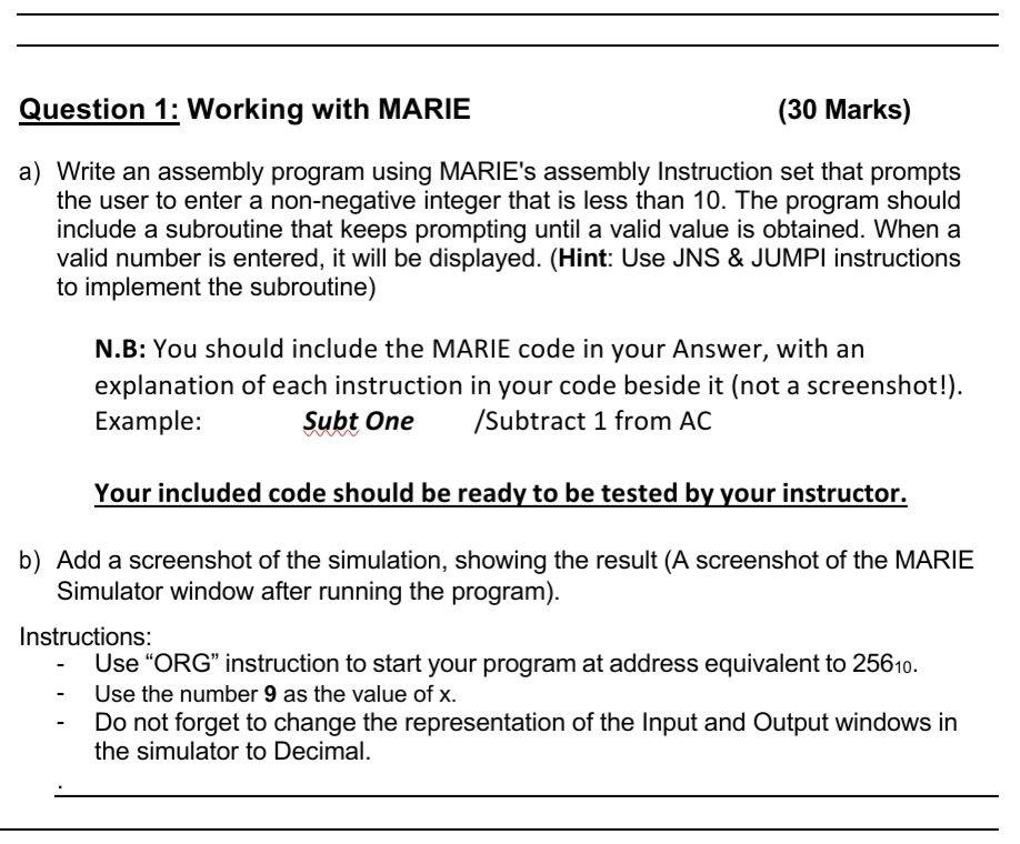 Solved Question 1: Working with MARIE (30 Marks) a) Write an | Chegg.com
