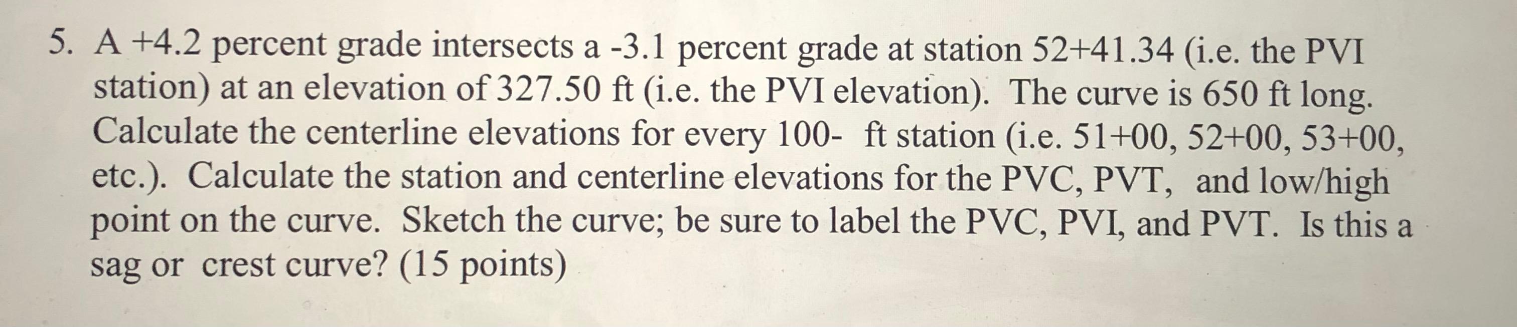 Solved a 5. A +4.2 percent grade intersects a -3.1 percent | Chegg.com