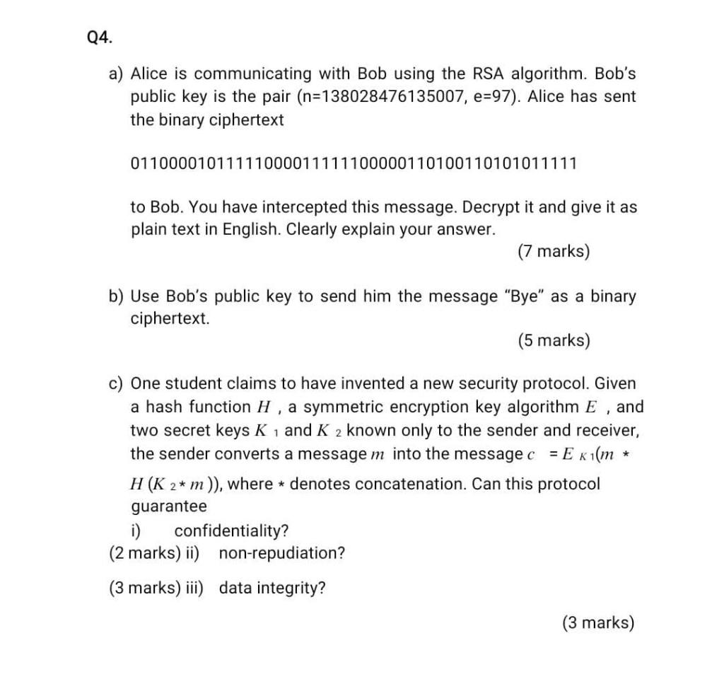 Solved Q4. a) Alice is communicating with Bob using the RSA | Chegg.com