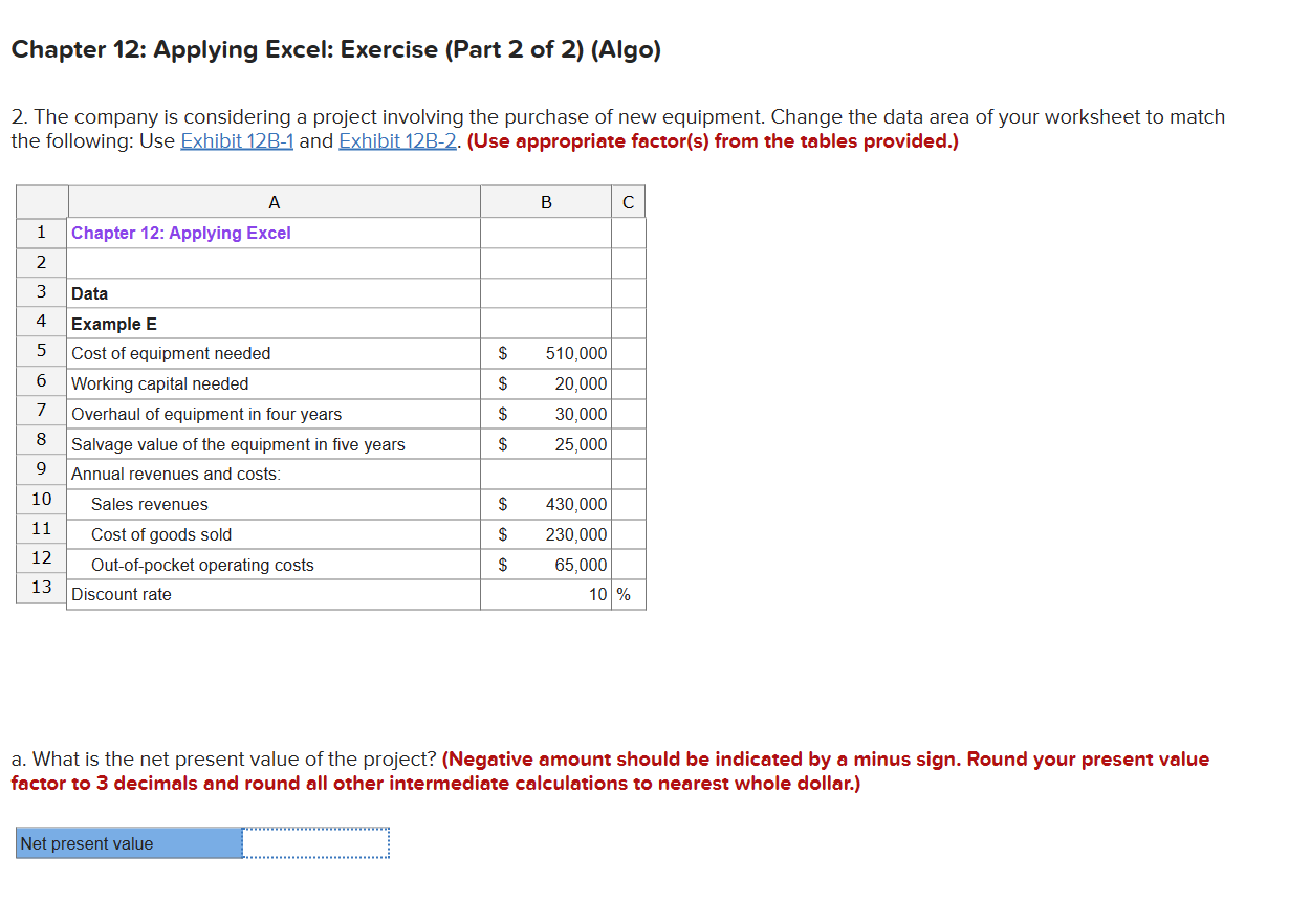 Solved Chapter 12: Applying Excel: Exercise (Part 2 of 2) | Chegg.com