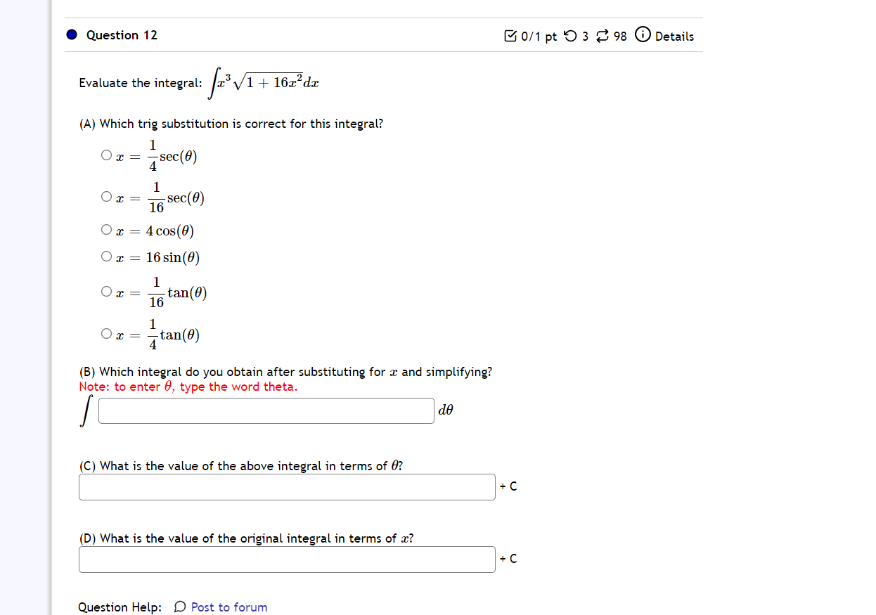 Solved Question 12 B0/1 pt 9398 Details Evaluate the | Chegg.com Solved Question 12 B0/1 pt 9398 Details Evaluate the | Chegg.com