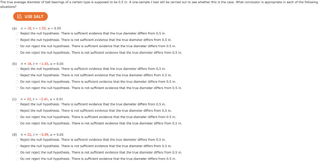 Solved ations? (a) π=18,t=1.55,α=0.05 Reject the null | Chegg.com