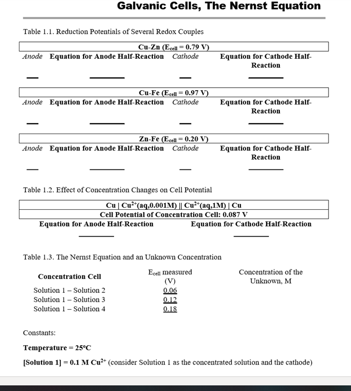 Solved Galvanic Cells, The Nernst Equation Table 1.1. | Chegg.com