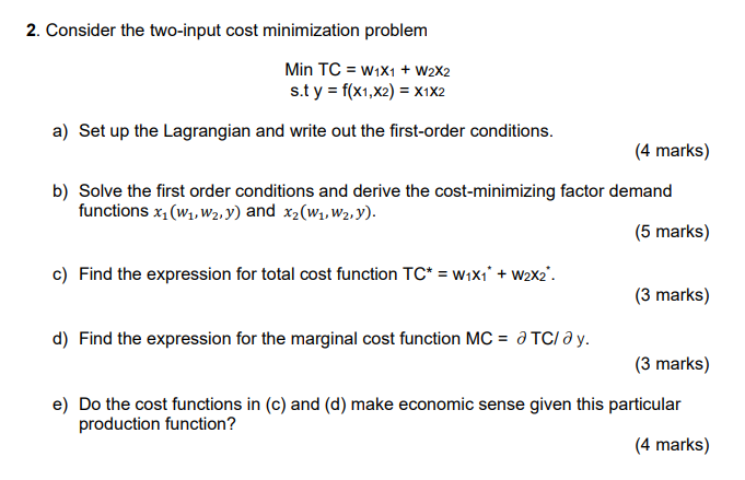 Solved 2. Consider the two-input cost minimization problem | Chegg.com