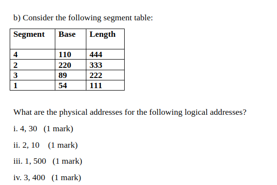 Solved b) Consider the following segment table: Segment Base | Chegg.com