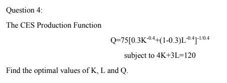 Solved Question 4: The CES Production Function Q=75[0.3 | Chegg.com