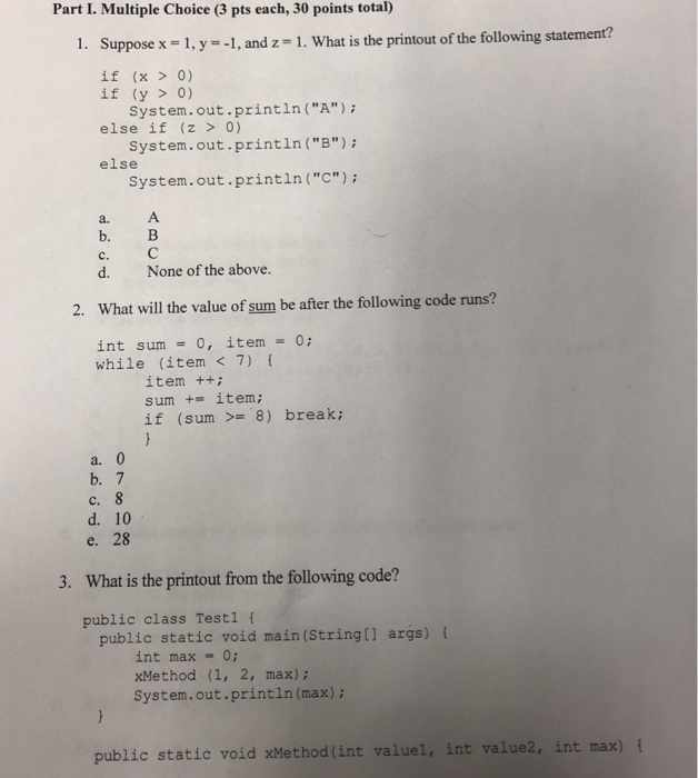 Solved Part I. Multiple Choice (3 pts each, 30 points total) | Chegg.com