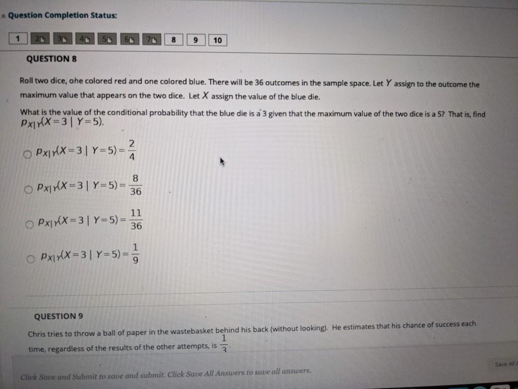 Solved Question Completion Status: QUESTION 8 Roll two dice, | Chegg.com