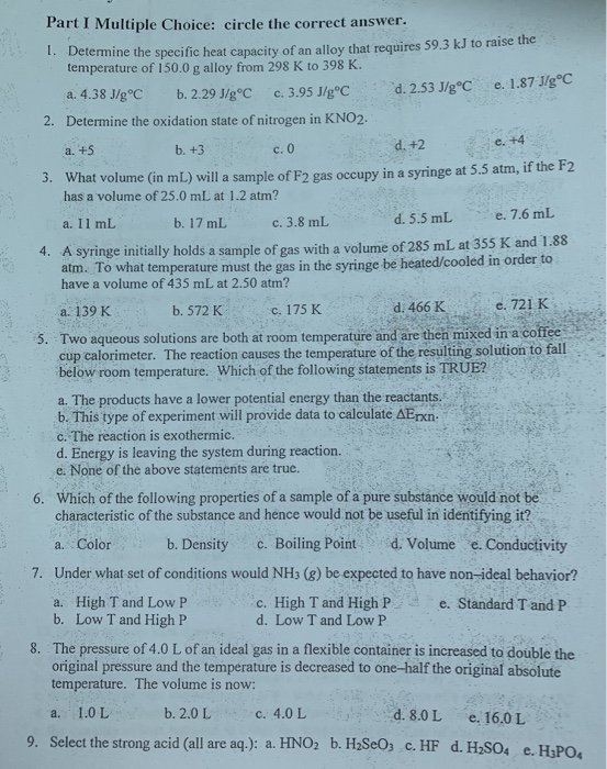 Solved Part I Multiple Choice: circle the correct answer. 1. | Chegg.com