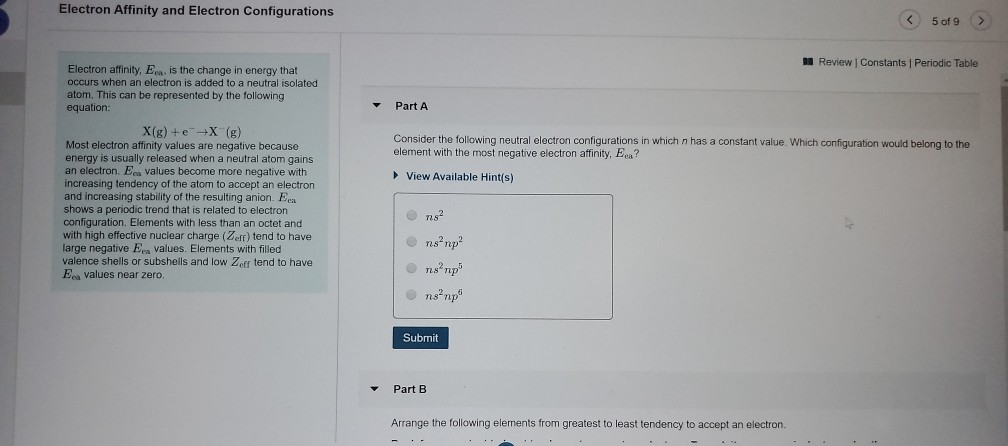Solved Electron Affinity and Electron Configurations