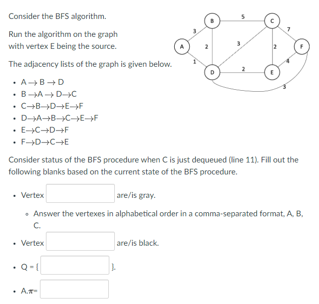Solved 5 3 7 Consider the BFS algorithm. Run the algorithm | Chegg.com