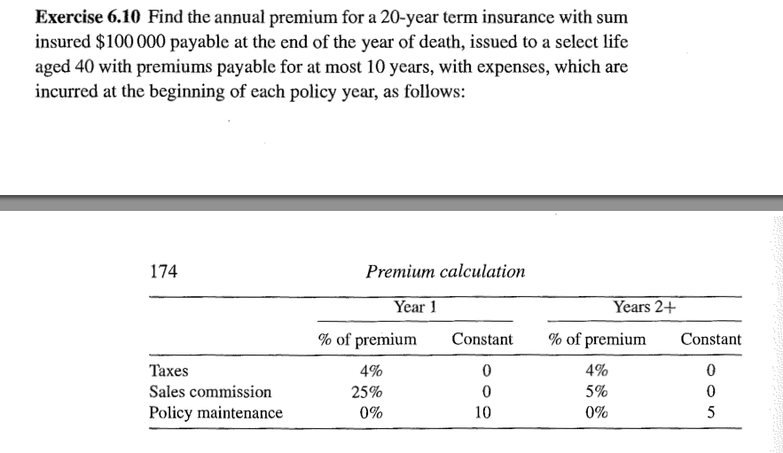 Exercise 6.10 Find the annual premium for a 20-year | Chegg.com