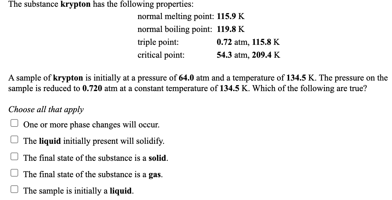 Solved The substance krypton has the following properties: | Chegg.com
