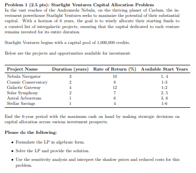 Solved Problem 1 (2.5 pts): Starlight Ventures Capital | Chegg.com
