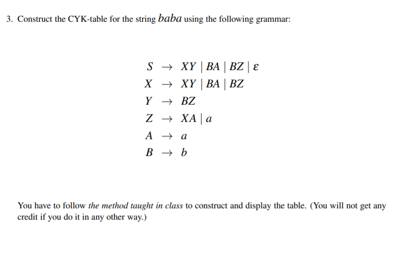 Solved 3. Construct the CYK-table for the string baba using | Chegg.com