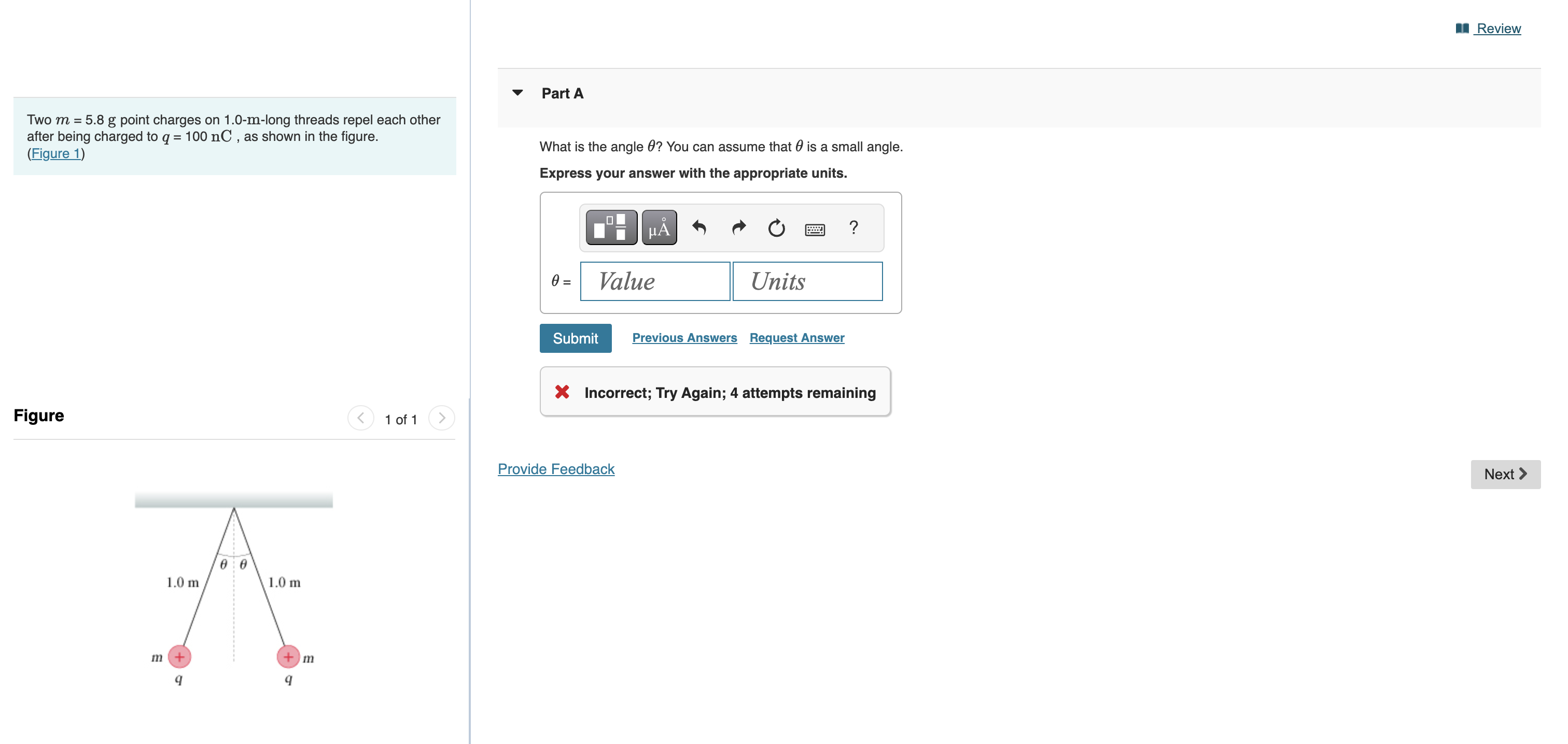Solved Two m=5.8g ﻿point charges on 1.0 -m-long threads | Chegg.com