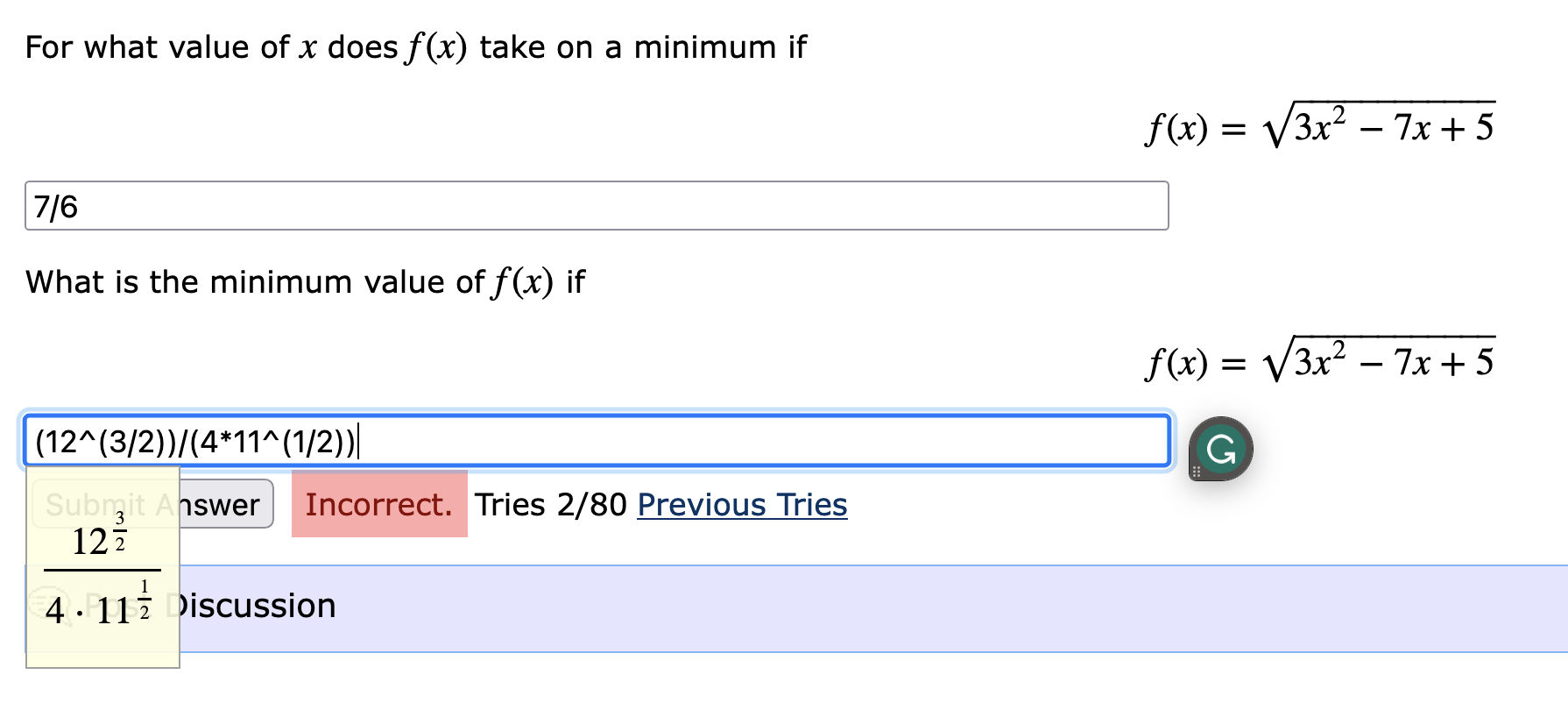 Solved For what value of x does f(x) take on a minimum if | Chegg.com