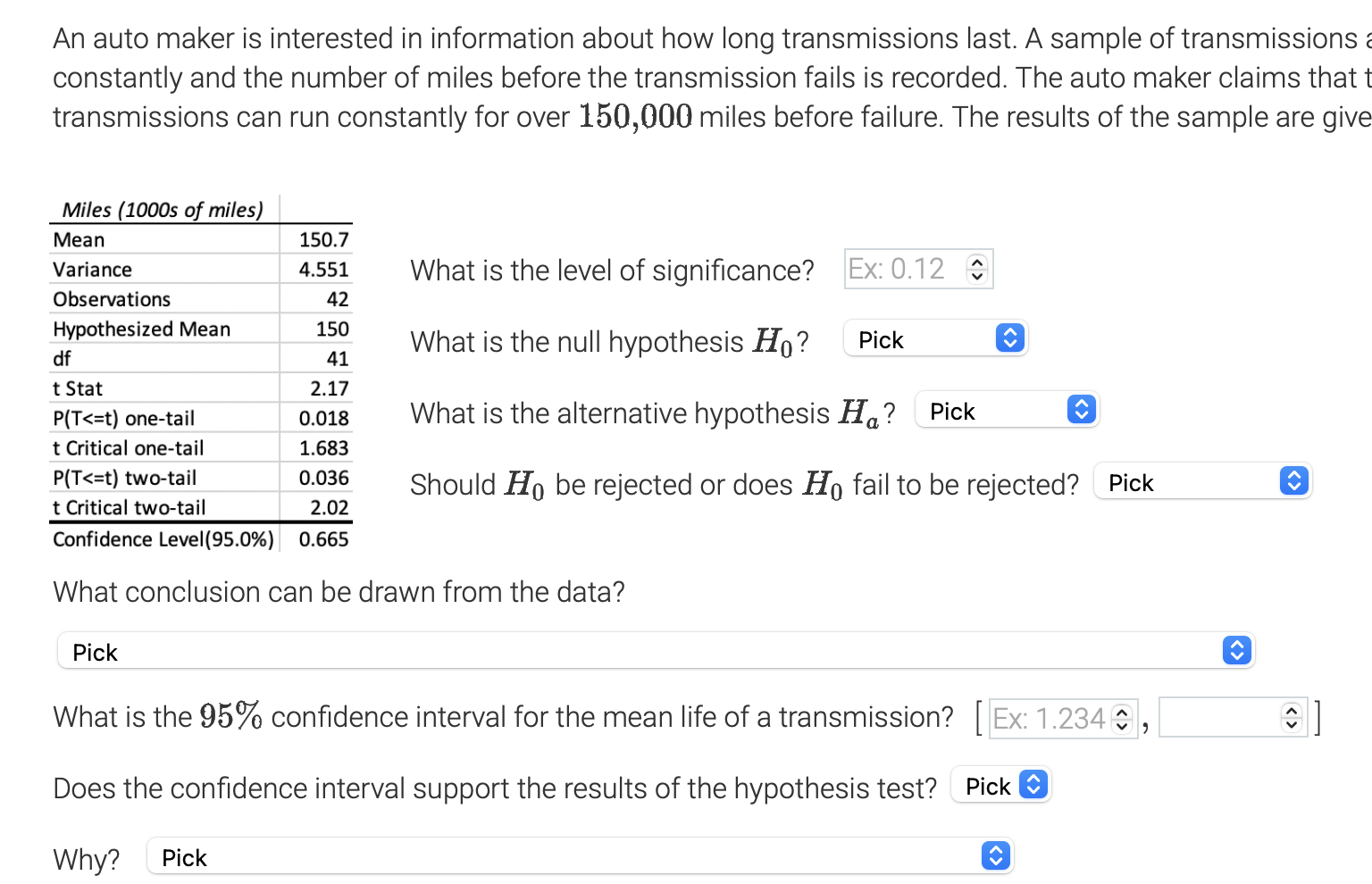 Solved Pick Options For “what Is The Null Hypothesis” And 0896
