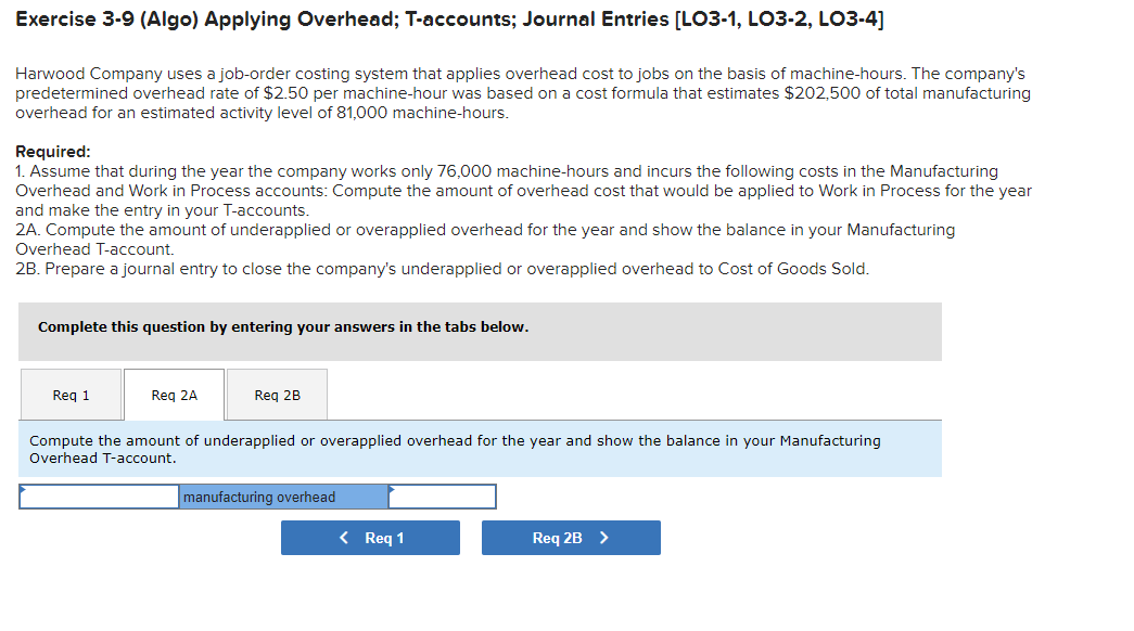 Solved Exercise 3-9 (Algo) Applying Overhead; T-accounts; | Chegg.com