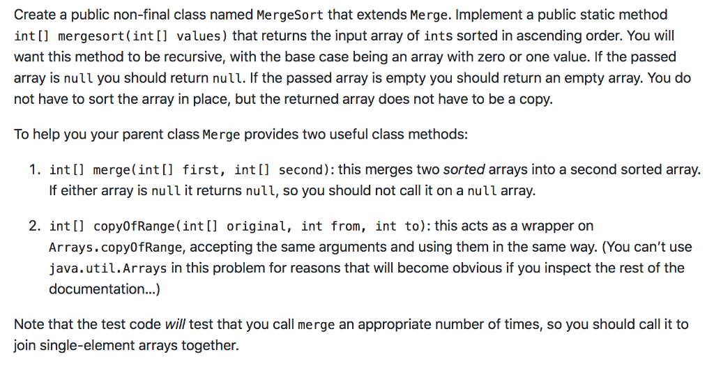 Create a public non-final class named MergeSort that | Chegg.com