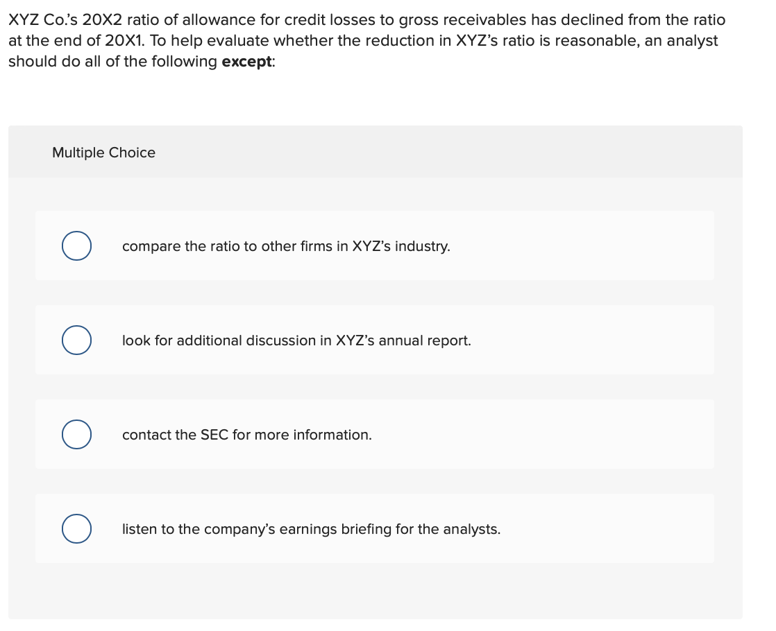 Solved XYZ Co's 20x2 ratio of allowance for credit losses to | Chegg.com
