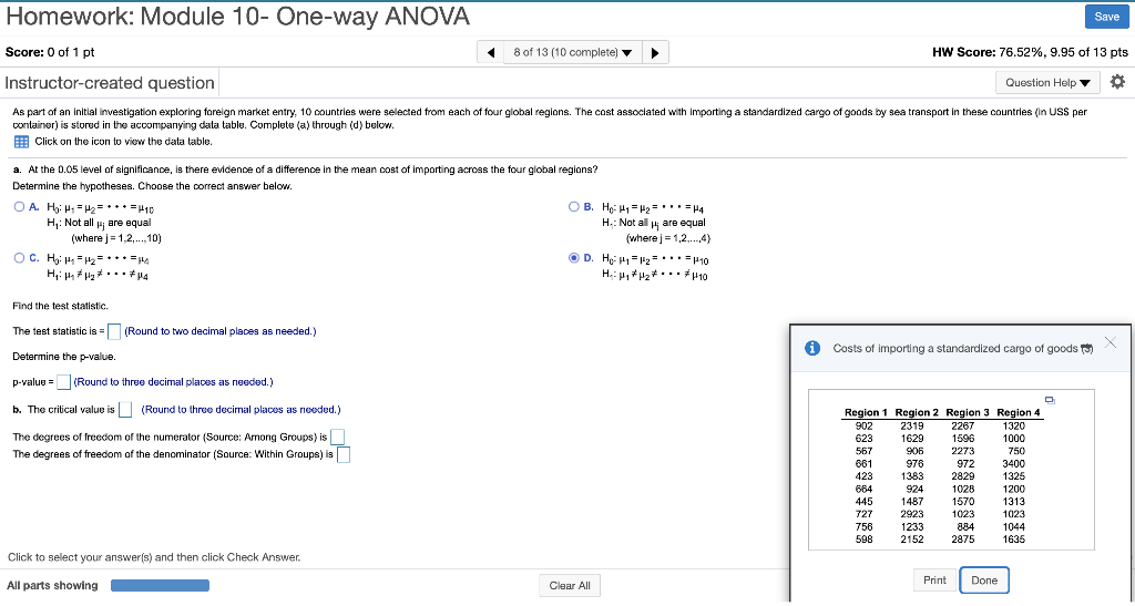 Solved Homework Module 10 One Way Anova Save Score 0 Of 1