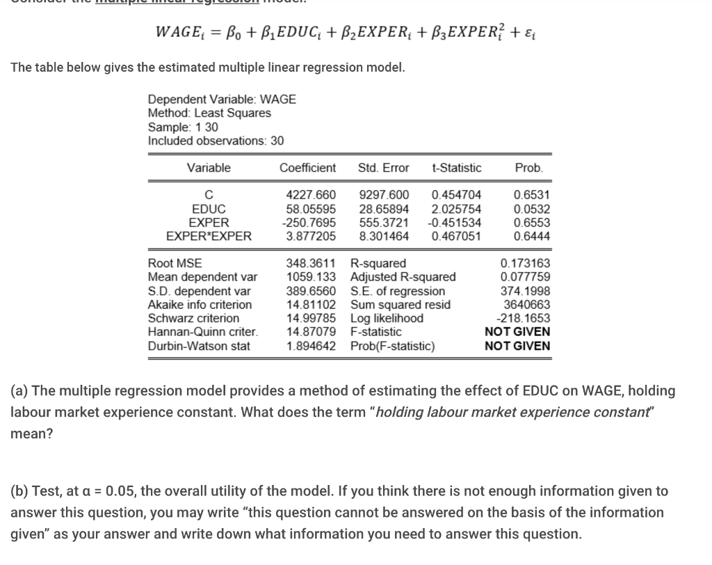 Solved WAGE; = Bo + BLEDUC; + B2EXPER; + B3EXPER? +&i The | Chegg.com