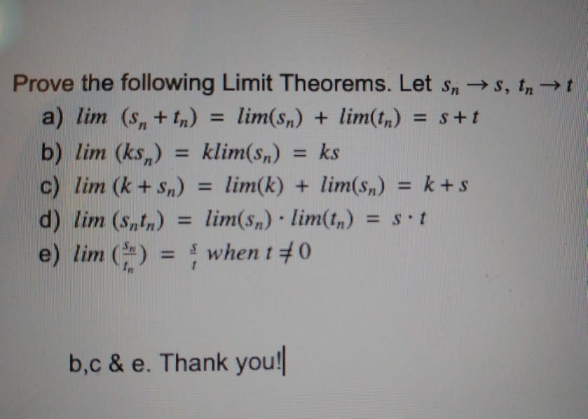 Solved Prove the following Limit Theorems. Let sns, t. a) | Chegg.com