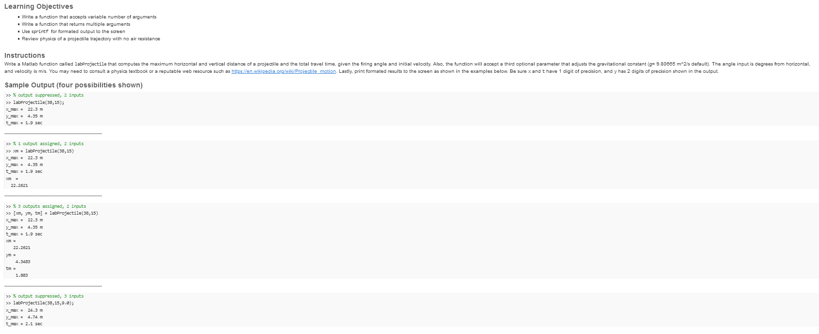 Solved ≫% output suppressed, 3 inputs >> labprojectile | Chegg.com