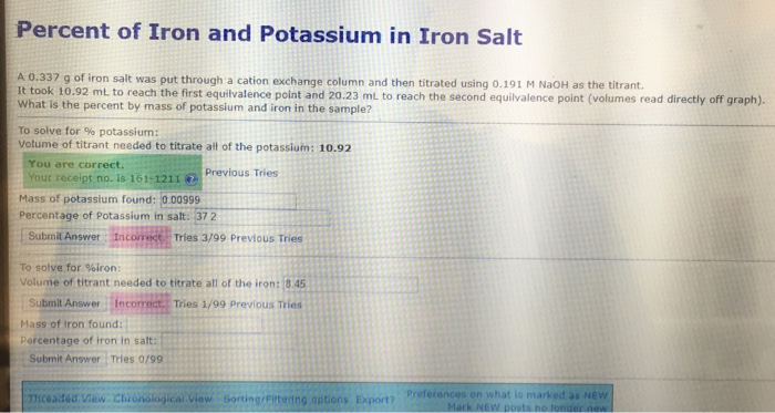 Solved Percent of Iron and Potassium in Iron Salt A 0.337 g | Chegg.com